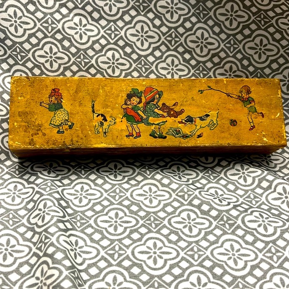 Office | Vintage Wooden Pencil Box With Children Playing Image In Top ...